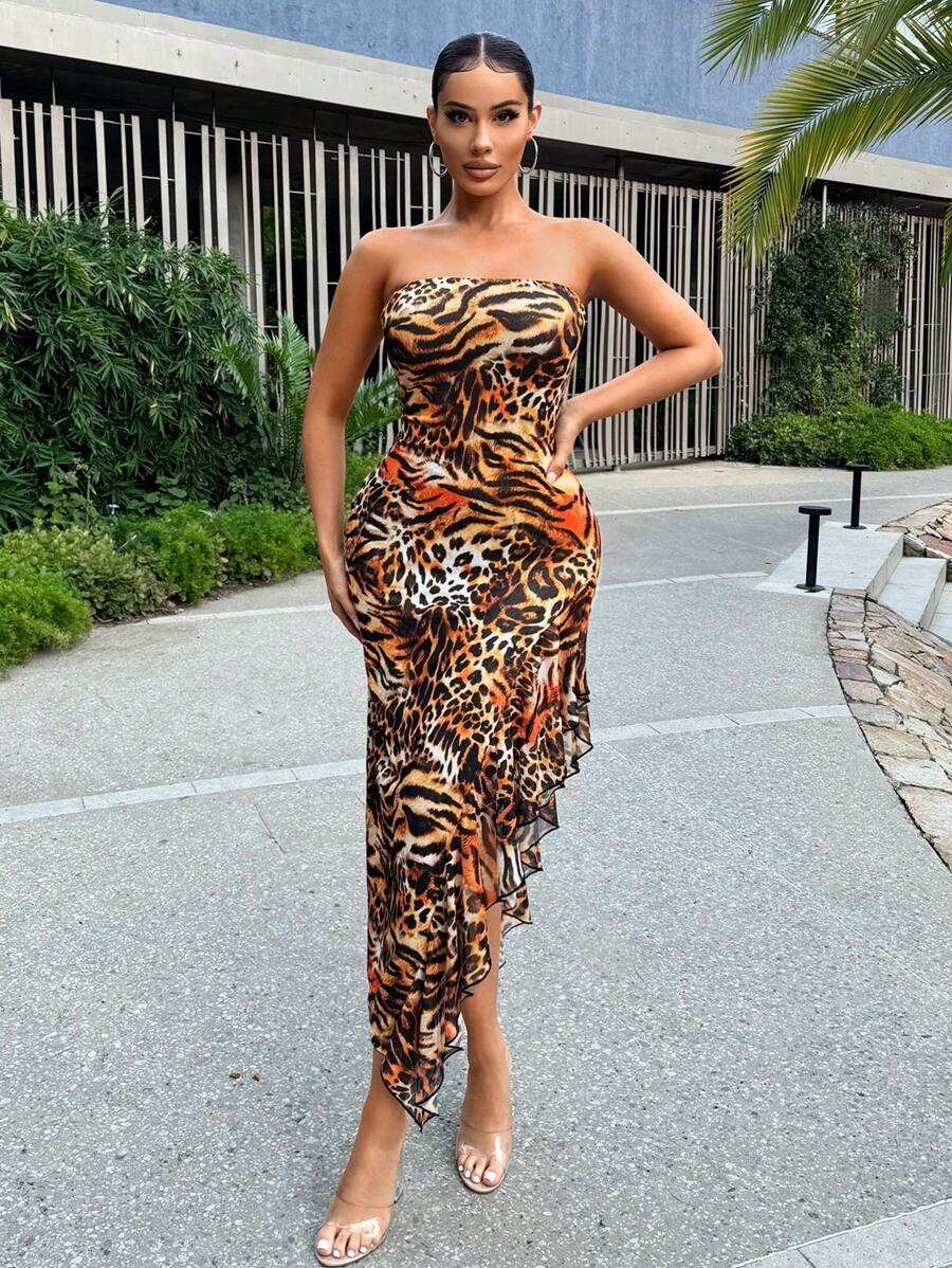 SHEIN SXY Leopard Print Off-Shoulder Midi Dress With High Slit And ...