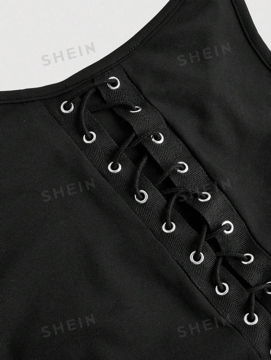 SHEIN MOD Women's Black Spaghetti Strap Top, Lace-Up Ruffle Detail Top ...