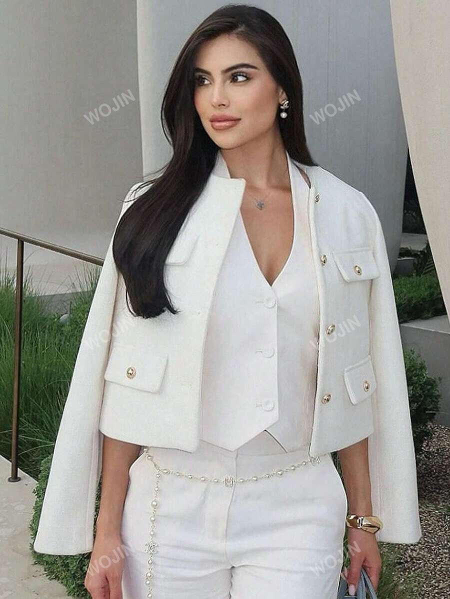 Women's Elegant Casual Tweed Jacket Spring Round Neckline Decorated ...