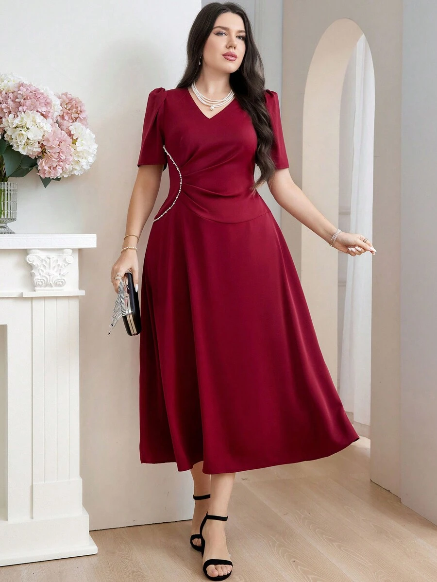 Modelyn Burgundy Red Plus Size Elegant Waist-Cinching Beaded Decor ...