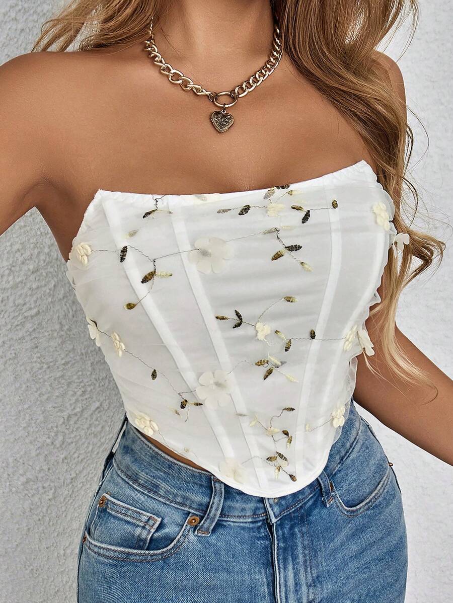 Allurite Women's Strapless Fishbone Pressed Line Decal Corset Top ...