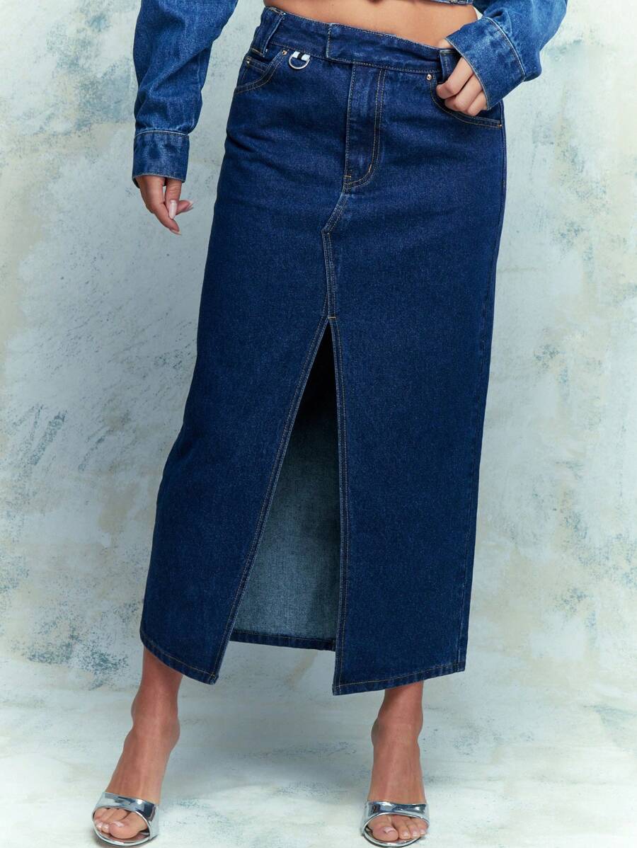 MISSGUIDED Front Split Hem Jean Skirt With Side Pockets | SHEIN USA
