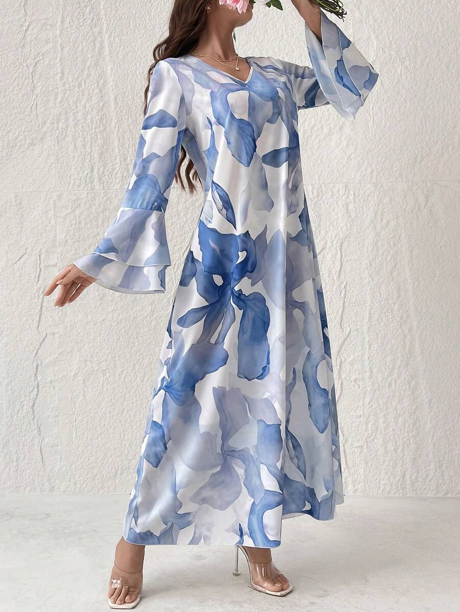 SHEIN Najma Women's V-Neck Floral Printed Elegant Long Sleeve Modest ...