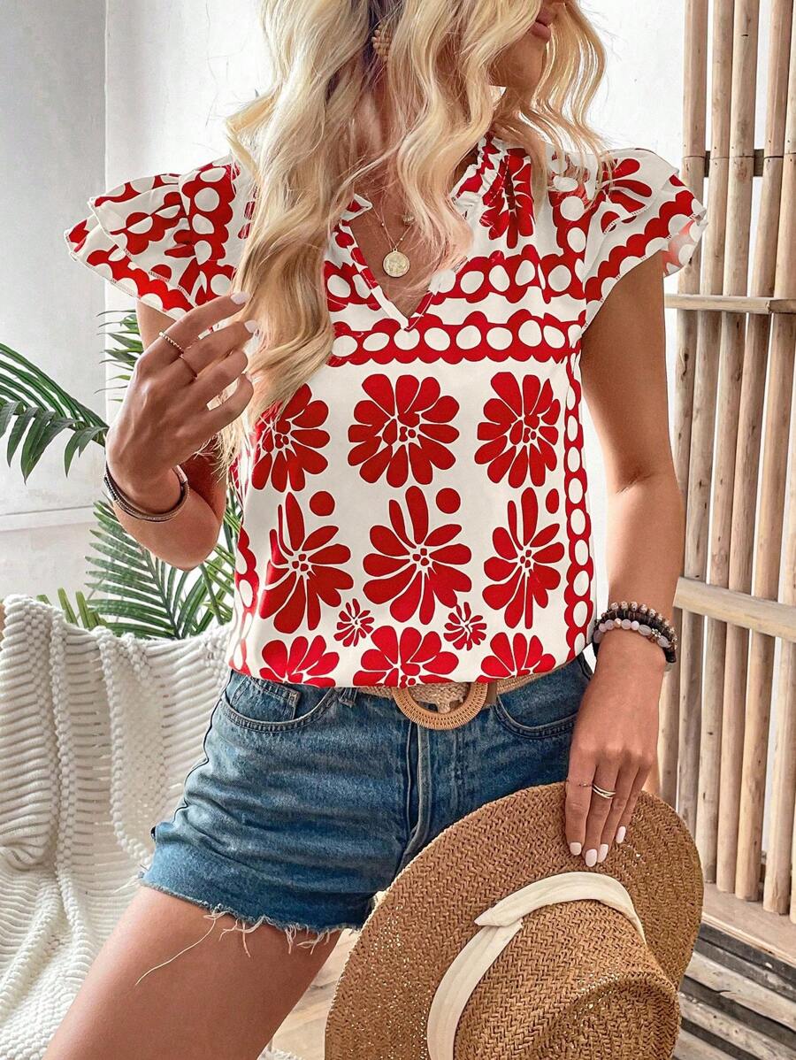 SHEIN Relaxiva Women's Sleeveless V-Neck Blouse With All-Over Print ...