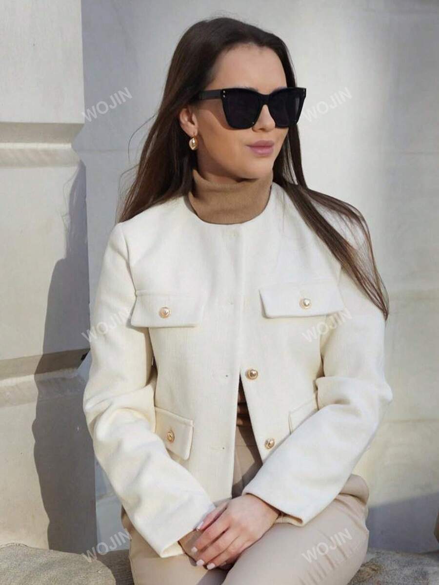 Women's Elegant Casual Tweed Jacket Spring Round Neckline Decorated ...