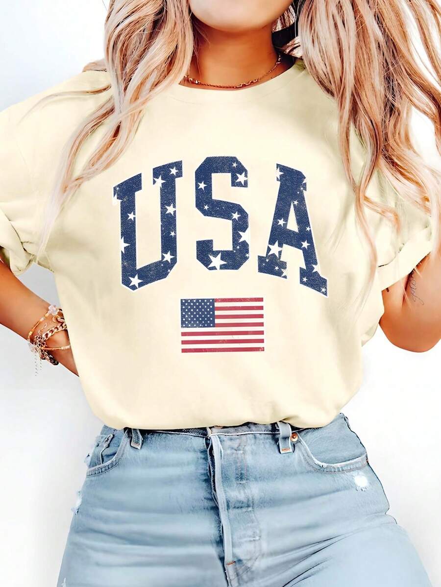 SHEIN LUNE Women's Casual Short Sleeve T-Shirt With American Flag Print ...