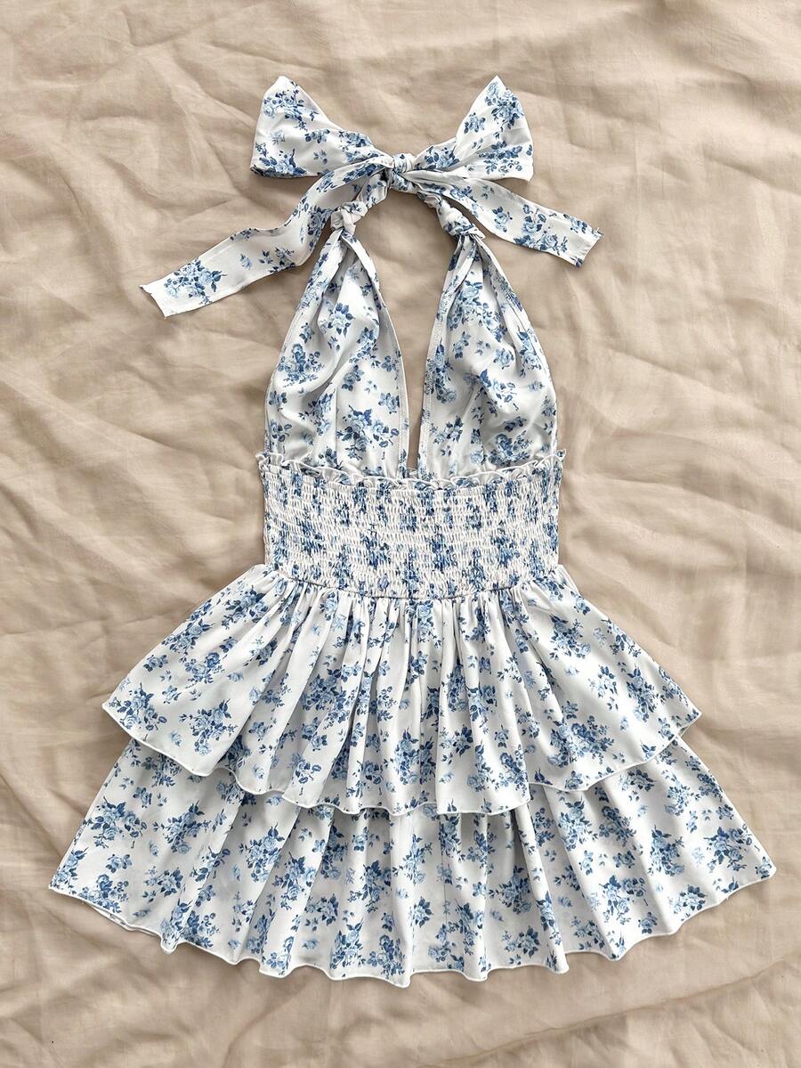 SHEIN WYWH Romantic Vacation Style Casual Halter Neck Floral Dress With ...