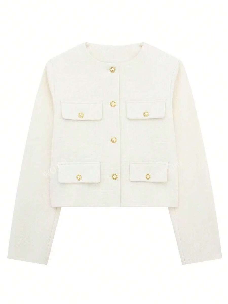 Women's Elegant Casual Tweed Jacket Spring Round Neckline Decorated ...