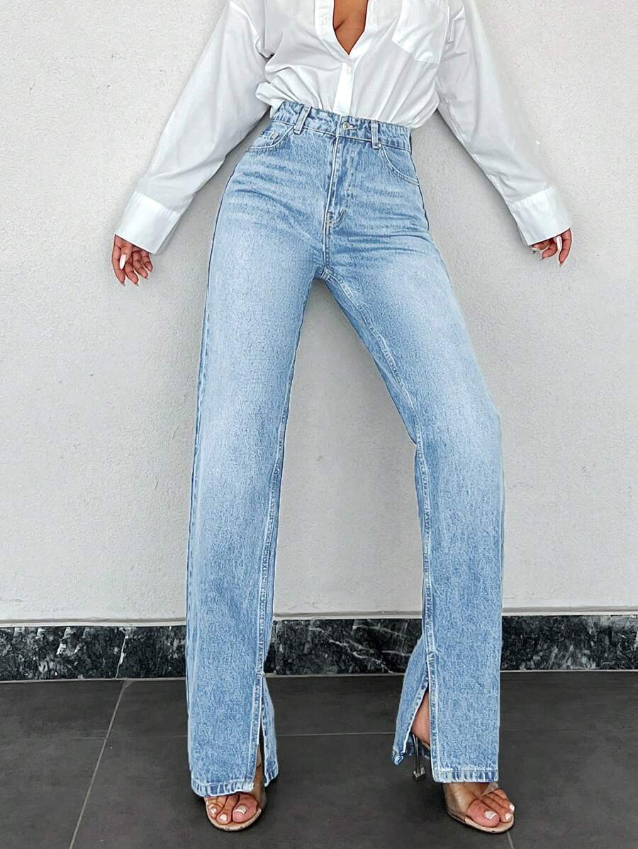 Split Hem Straight Leg Jeans | SHEIN USA