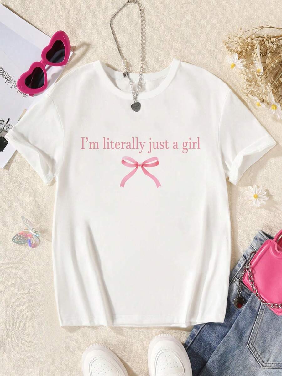 Tween Girls Casual Comfortable Bow & Letter Print Short Sleeve Round ...