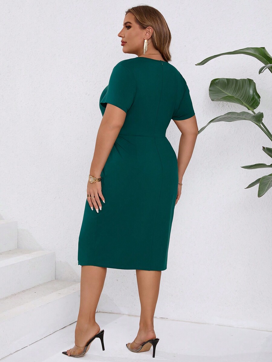SHEIN Clasi Plus Size Teacher Clothes Elegant Summer Commuter Slim Fit Overlap Split Green Dress ...
