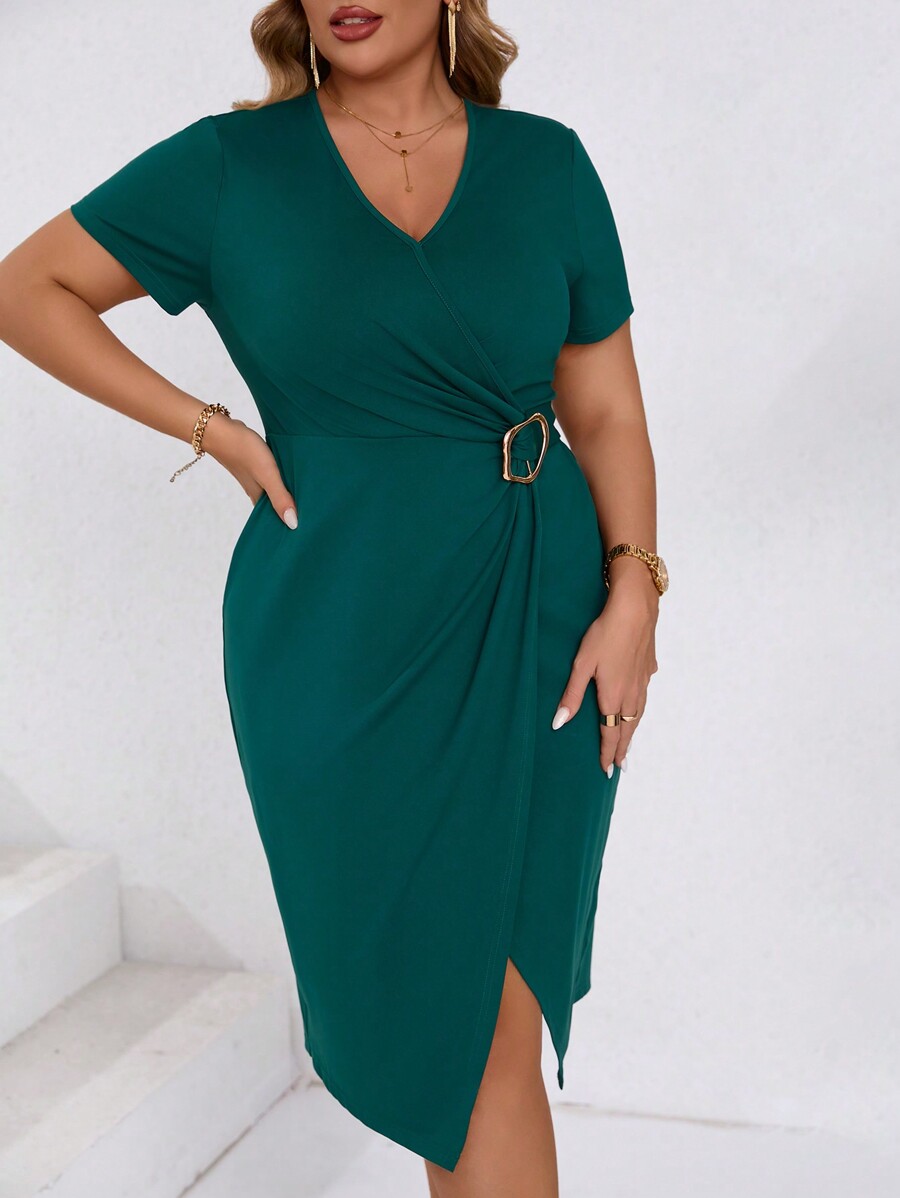SHEIN Clasi Plus Size Teacher Clothes Elegant Summer Commuter Slim Fit Overlap Split Green Dress ...