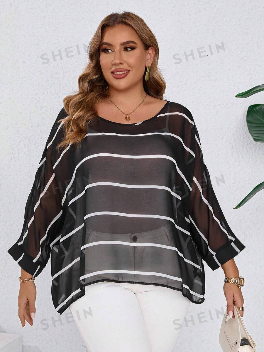 SHEIN Clasi Summer Black & White Striped Chiffon Semi-Transparent Sun ...