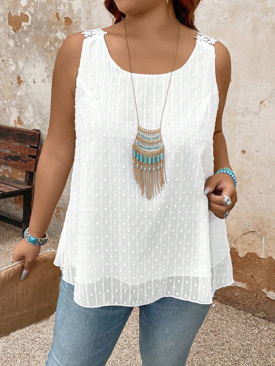 Plus Size Holiday Leisure Solid Color Lace Patchwork Tank Top, Summer ...