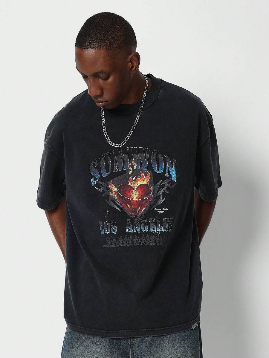 SUMWON Washed Tee With Heart Flame And Los Angeles Graphic Print ...