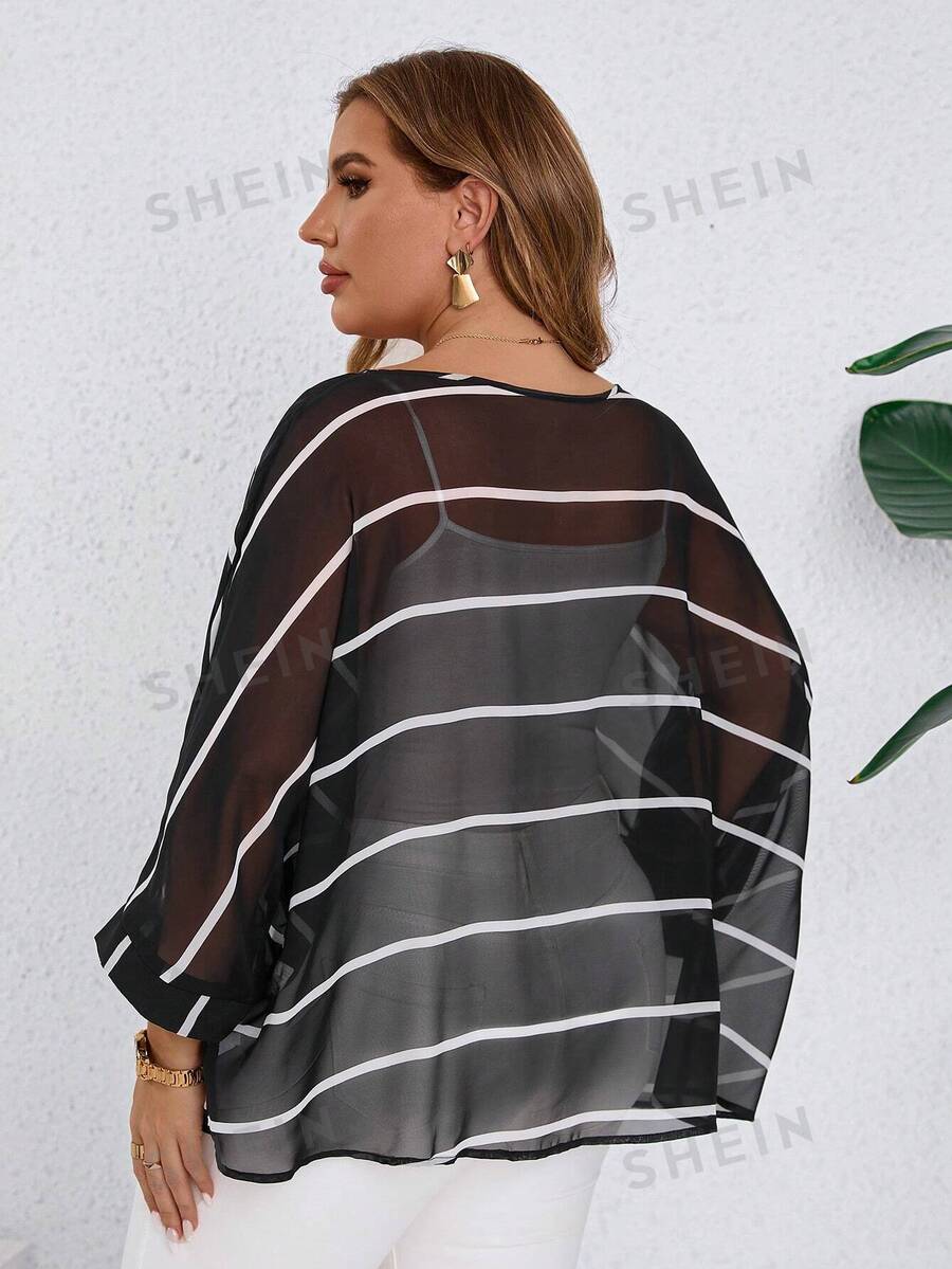 SHEIN Clasi Summer Black & White Striped Chiffon Semi-Transparent Sun ...