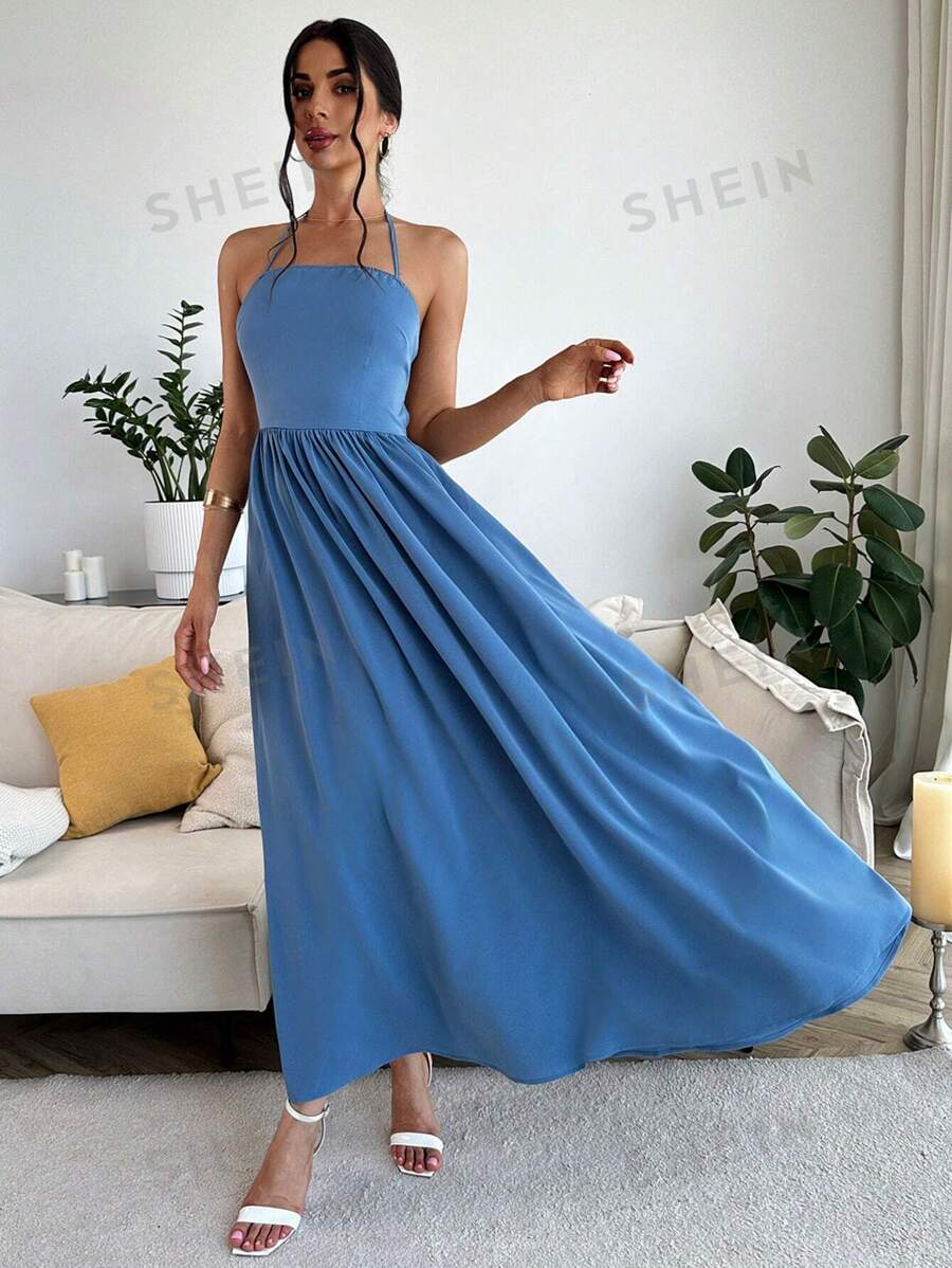 SHEIN Privé Women's A-Line Loose Beach Vacation Dress With Deep V-Neck And Large Swing Hem | SHEIN