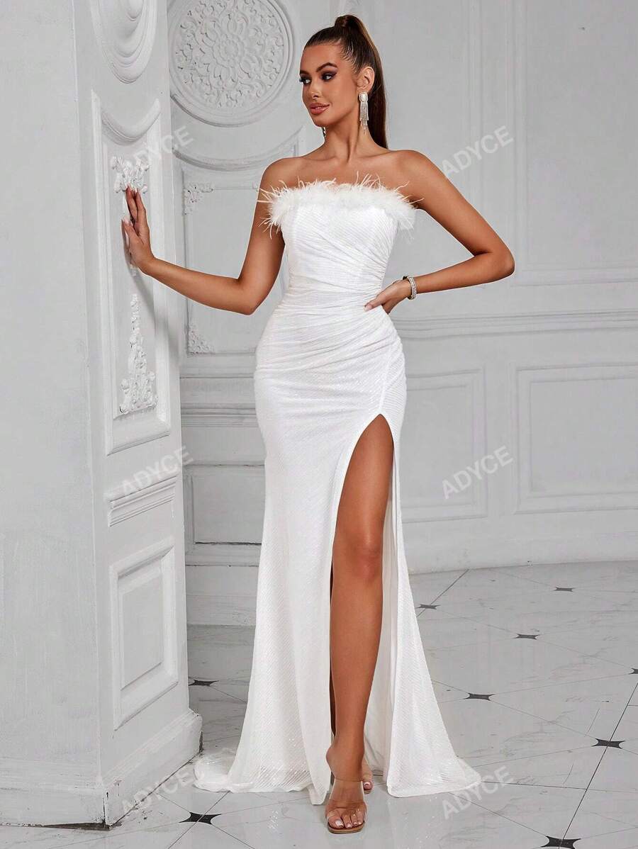 ADYCE Artificial Feather Sparkly Cutout High Slit Party Dress White ...
