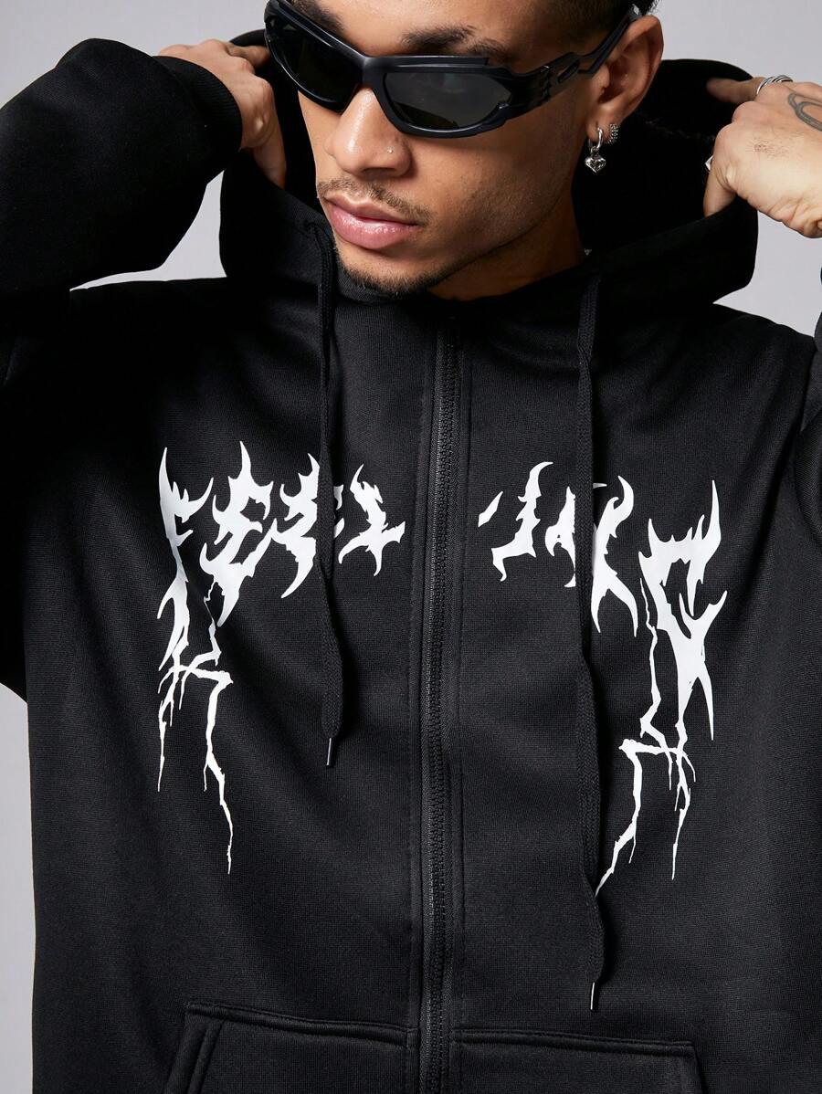 Manfinity LEGND Men Letter Graphic Zip Up Drawstring Hoodie | SHEIN USA
