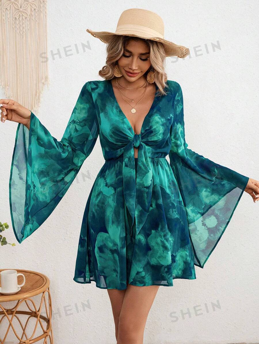 SHEIN VCAY Vacation Woven Chiffon Sfumato Pattern Printed V-Neck Front ...