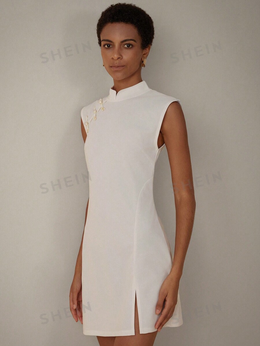 SHEIN Privé New Chinese Style Solid Color Qipao Collared Short Dress ...