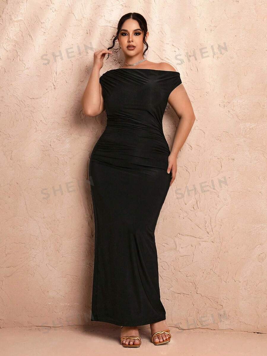 SHEIN BAE Plus Size Women's Solid Black Asymmetric Oblique-Shoulder Ruched Bodycon Maxi Summer ...