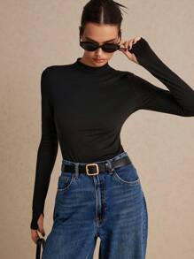 Poéselle Solid Mock Neck Tee, Black Bottoming Tee, Long Sleeve, Basic Tee | SHEIN USA