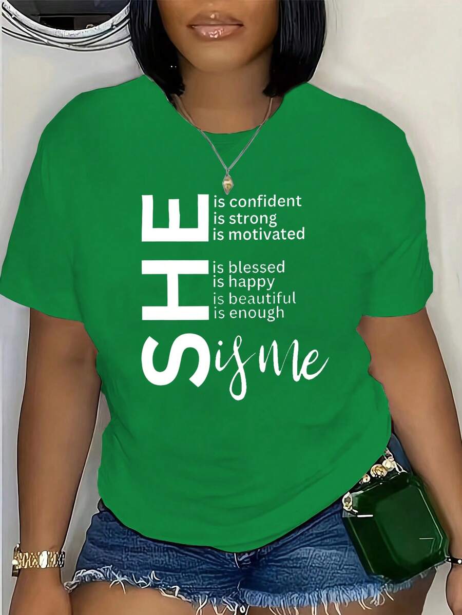 Maweii Plus Short-Sleeved T-Shirt With Slogan SHE Is Confident Is ...