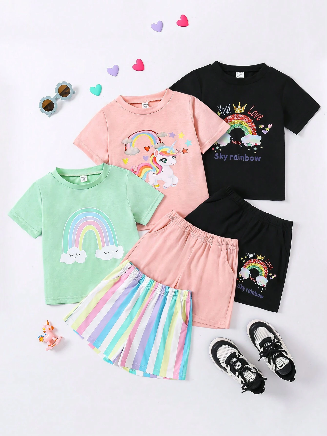 SHEIN 3 ชิ้นเด็กผู้หญิงสบายและน่ารักการ์ตูนยูนิคอร์นมงกุฎสีรุ้งเสื้อยืดแขนสั้นและกางเกงขาสั้นลาย ...