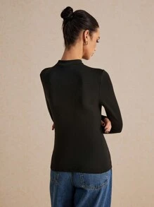 Poéselle Solid Mock Neck Tee, Black Bottoming Tee, Long Sleeve, Basic Tee | SHEIN USA