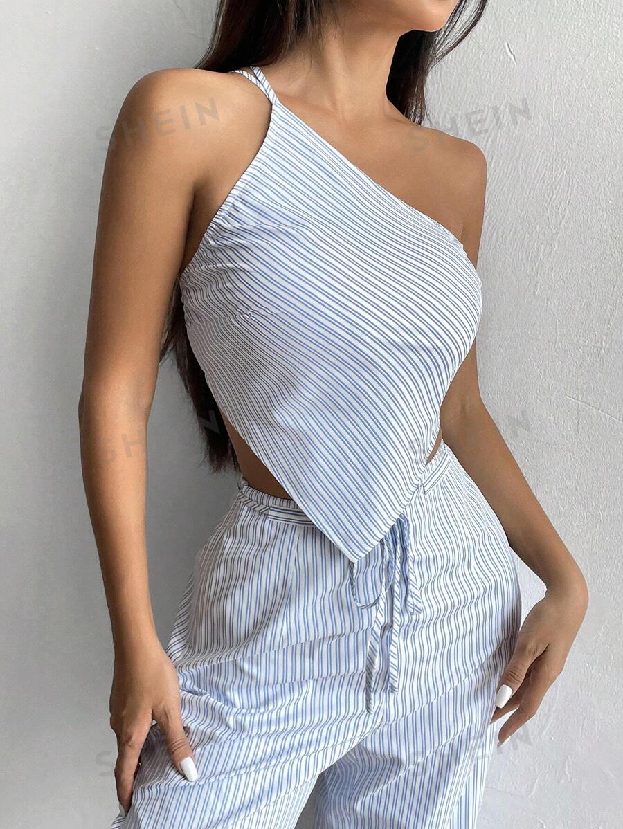 SHEIN EZwear Top asimétrico minimalista con rayas y estampado de uso ...