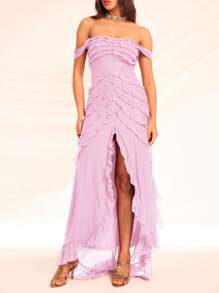 Mesh Ruffle Trim Off Shoulder Ruched Split Thigh Sheer Unlined Cloth ...