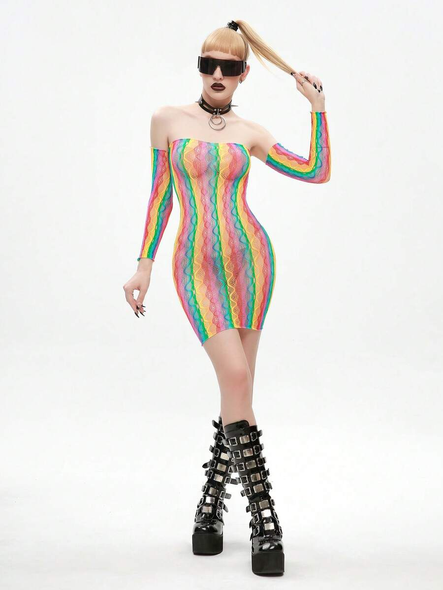 SHEIN AltCore ลายสายรุ้ง กลวงออก เกาะอก ชุดรัดรูป บอดี้คอน & ปลอกแขน ...