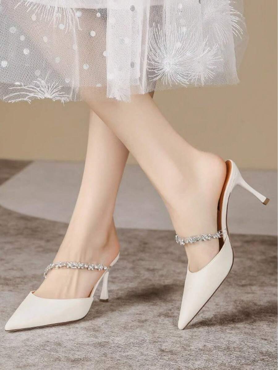 2024 Summer New White Pointed Toe High Heels With Rhinestones ...