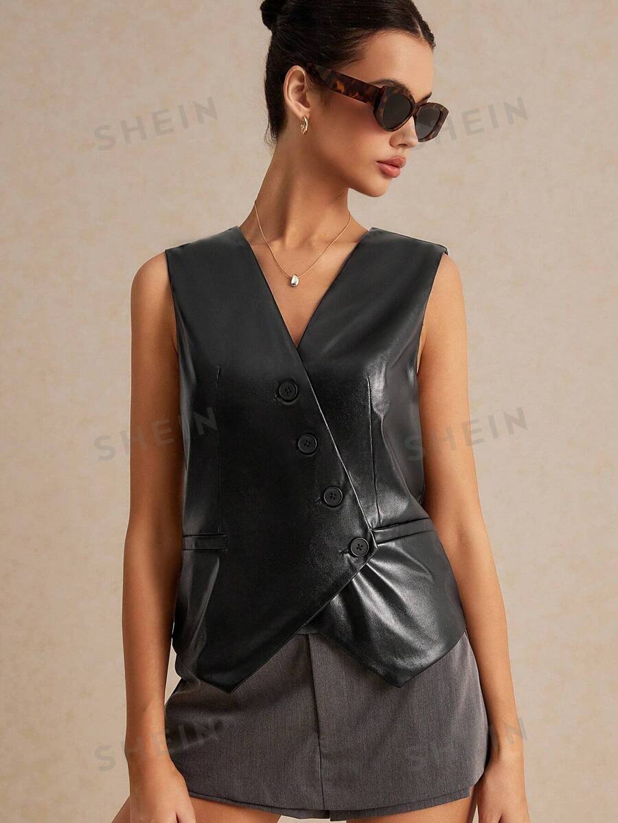 SHEIN Frenchy Women's Black PU Faux Leather Asymmetric Cropped Vest ...