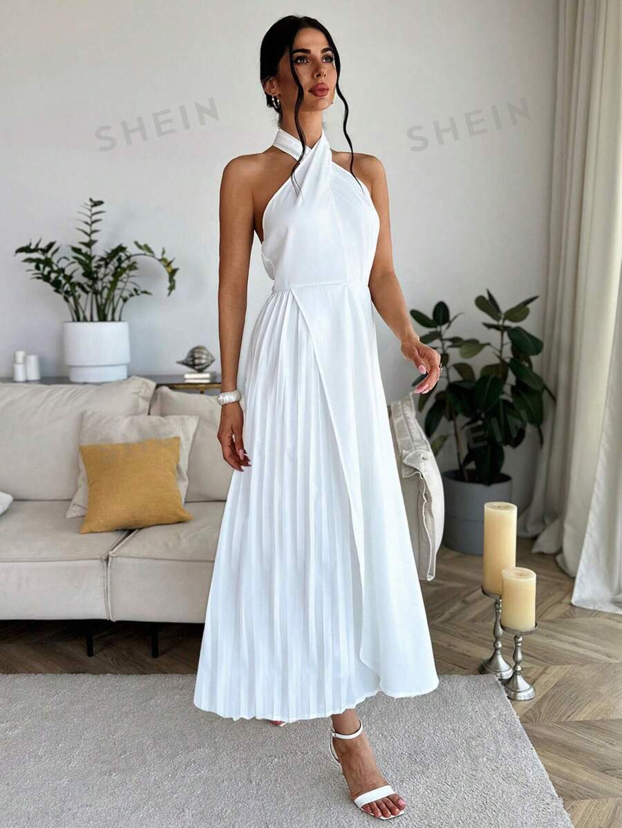 SHEIN Privé Women's Plain White Pleated Halter Neck A-Line Cinched Waist Elegant Dress For ...