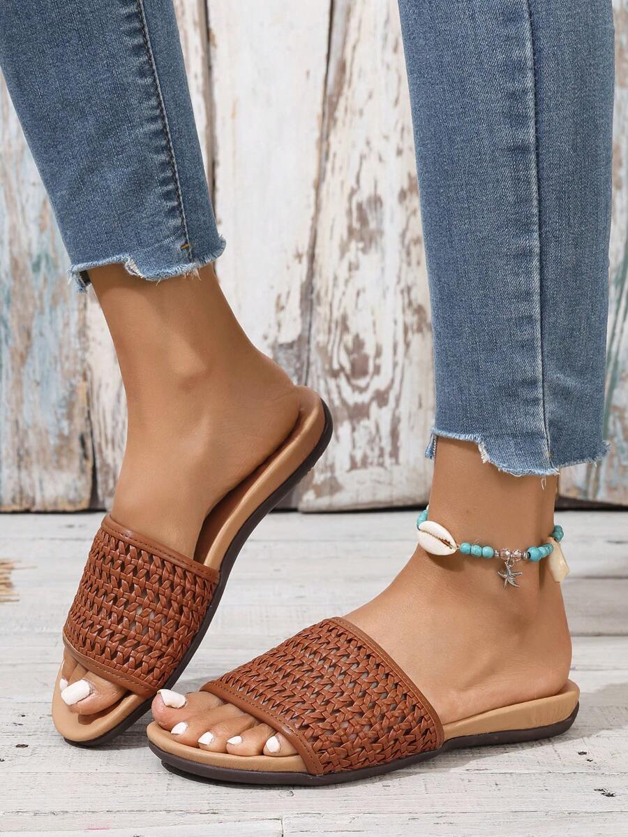 Brown Woven Hollow Strap Double-Layered Casual And Comfortable Flat ...