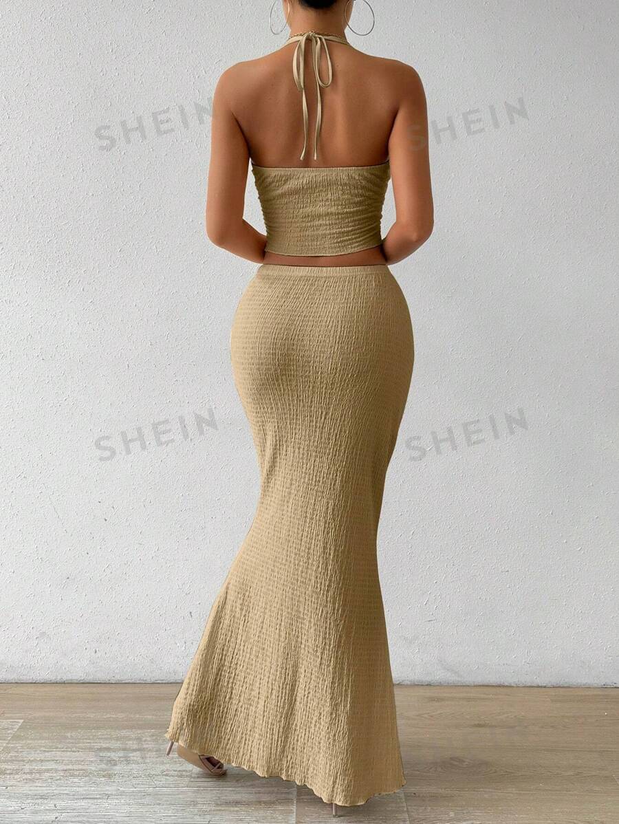 SHEIN LUNE Ladies' Solid Color Minimalist Daily Wear V-Neck Top And ...