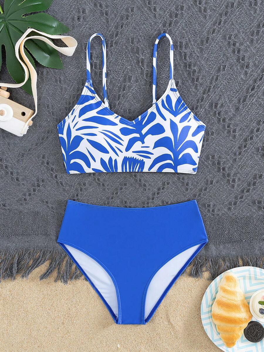 Tween Girl Summer Beach Plant Printed Spaghetti Strap Top With Solid ...
