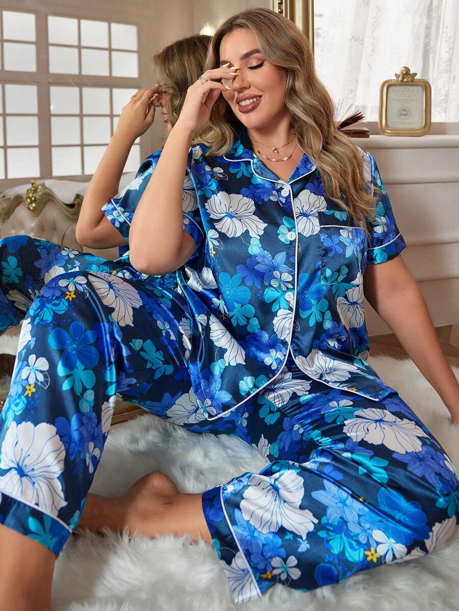 Shein LuxeNights Plus Floral Print Contrast Piping Satin PJ Set ...