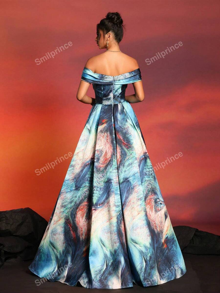 New Arrival Off-Shoulder Satin Printed High-End Formal Evening Dress ...