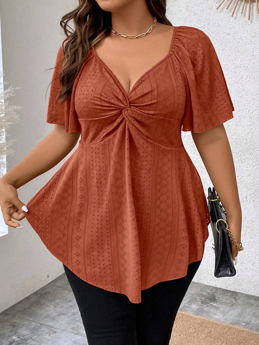 Celure Plus Size Women's Summer Solid Color Twist-Knot Short Sleeve Off ...