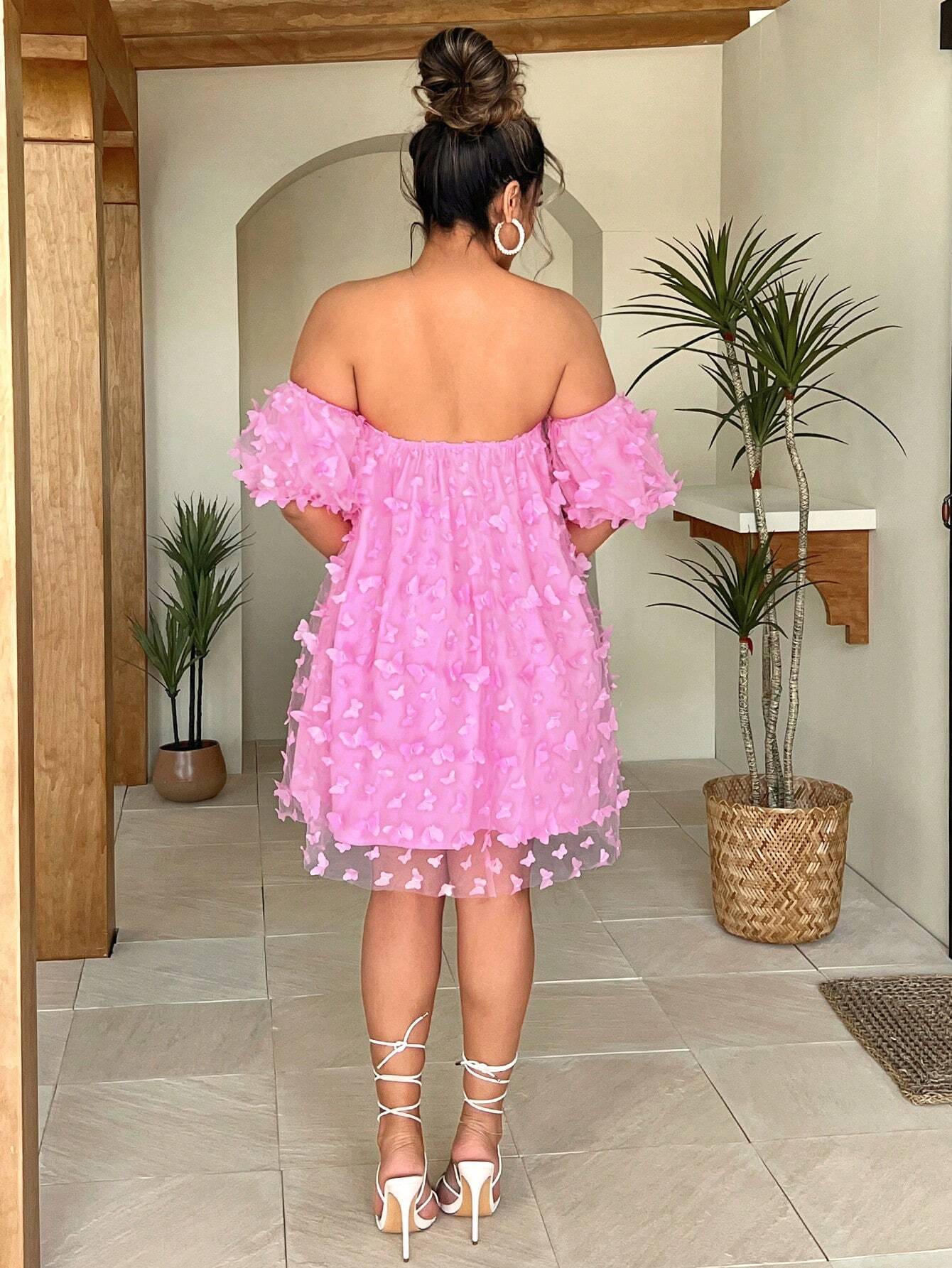 SHEIN SXY Pink Butterfly Mesh Princess Puffy Dress With Bubble Sleeves ...