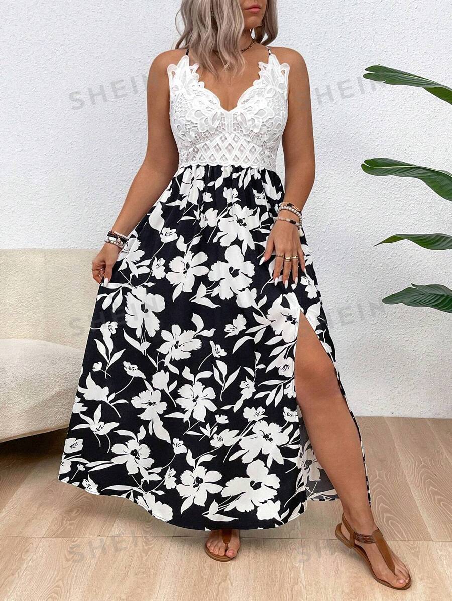 Shein Vcay Plus Size Fall Lace Patchwork Black And White Contrast Color