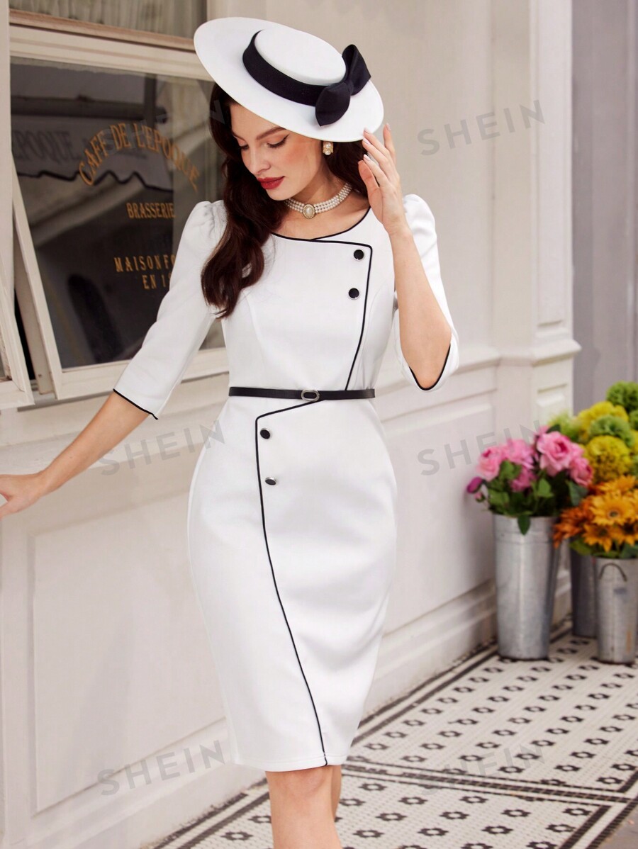 SHEIN DECDS ชุดวินเทจ 1 ชิ้น หรูหรา สำหรับสตรี สีบล็อก, ฤดูร้อน, สีขาว ...