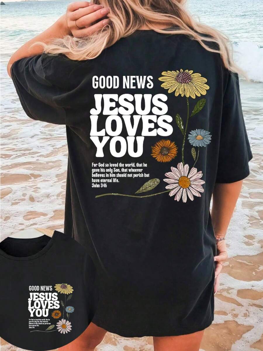 SHEIN Essnce Plus Size Jesus Slogan And Floral Print Drop Shoulder ...