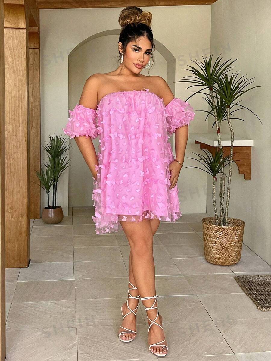SHEIN SXY Pink Butterfly Mesh Princess Puffy Skirt With Bubble Sleeves ...
