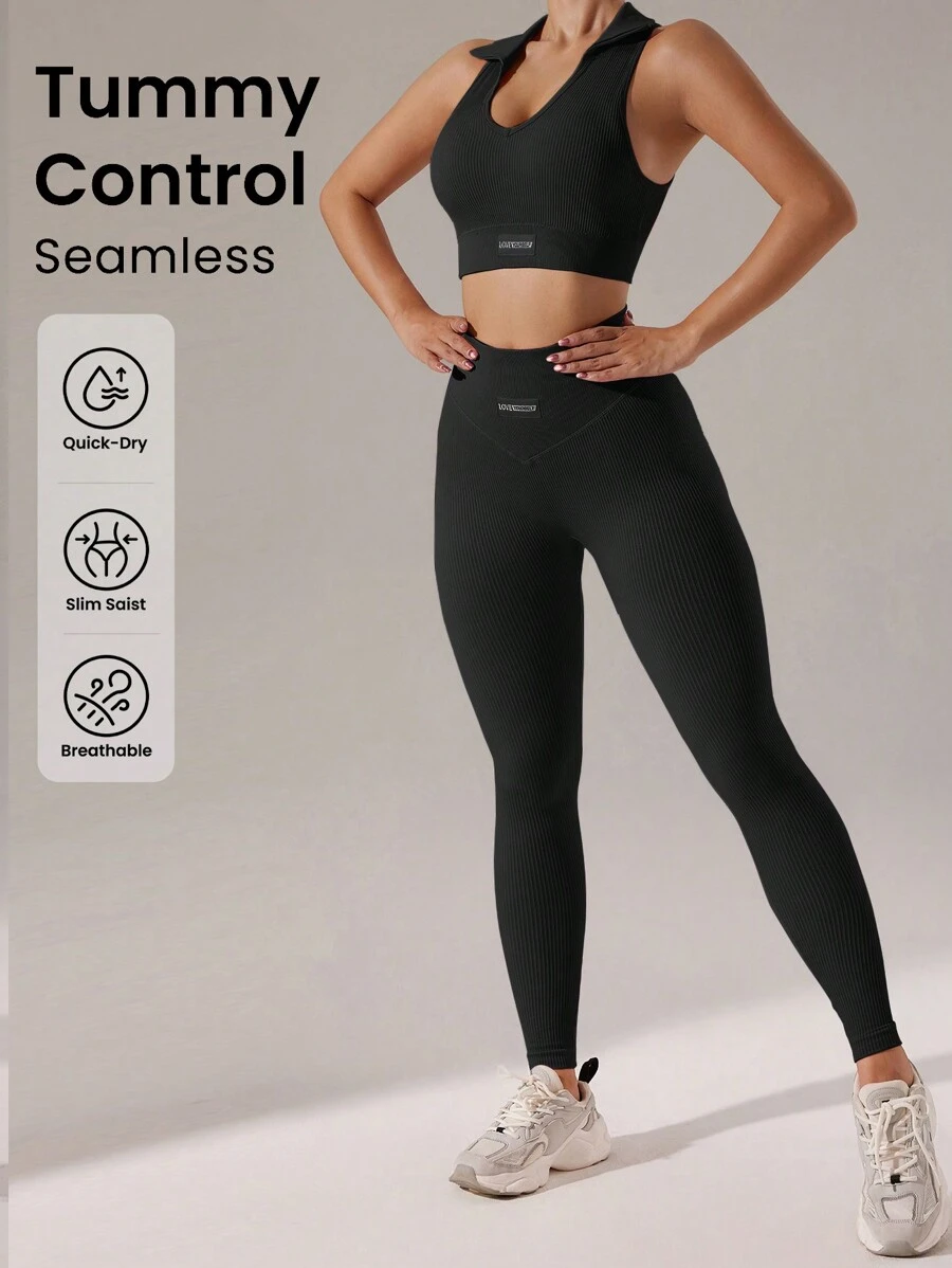 SHEIN Sport Studio ชุดออกกำลังกายยูสปอร์ต ผู้หญิง ชุดครึ่งตัวทรงV คอร์ดในตัว และ กางเกงรัดรูป ...