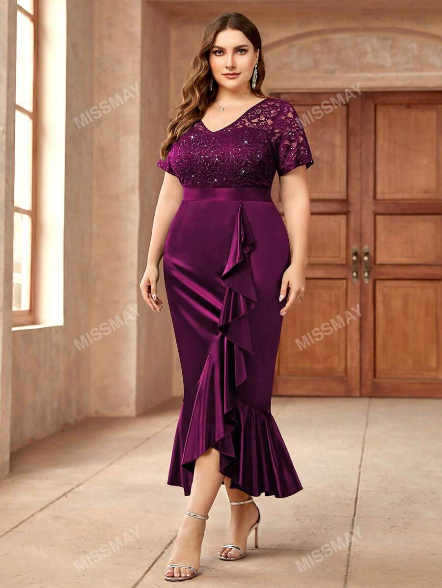 Plus V Neck Sequin Insert Lace Satin Ruffle Trim Mermaid Hem Formal ...