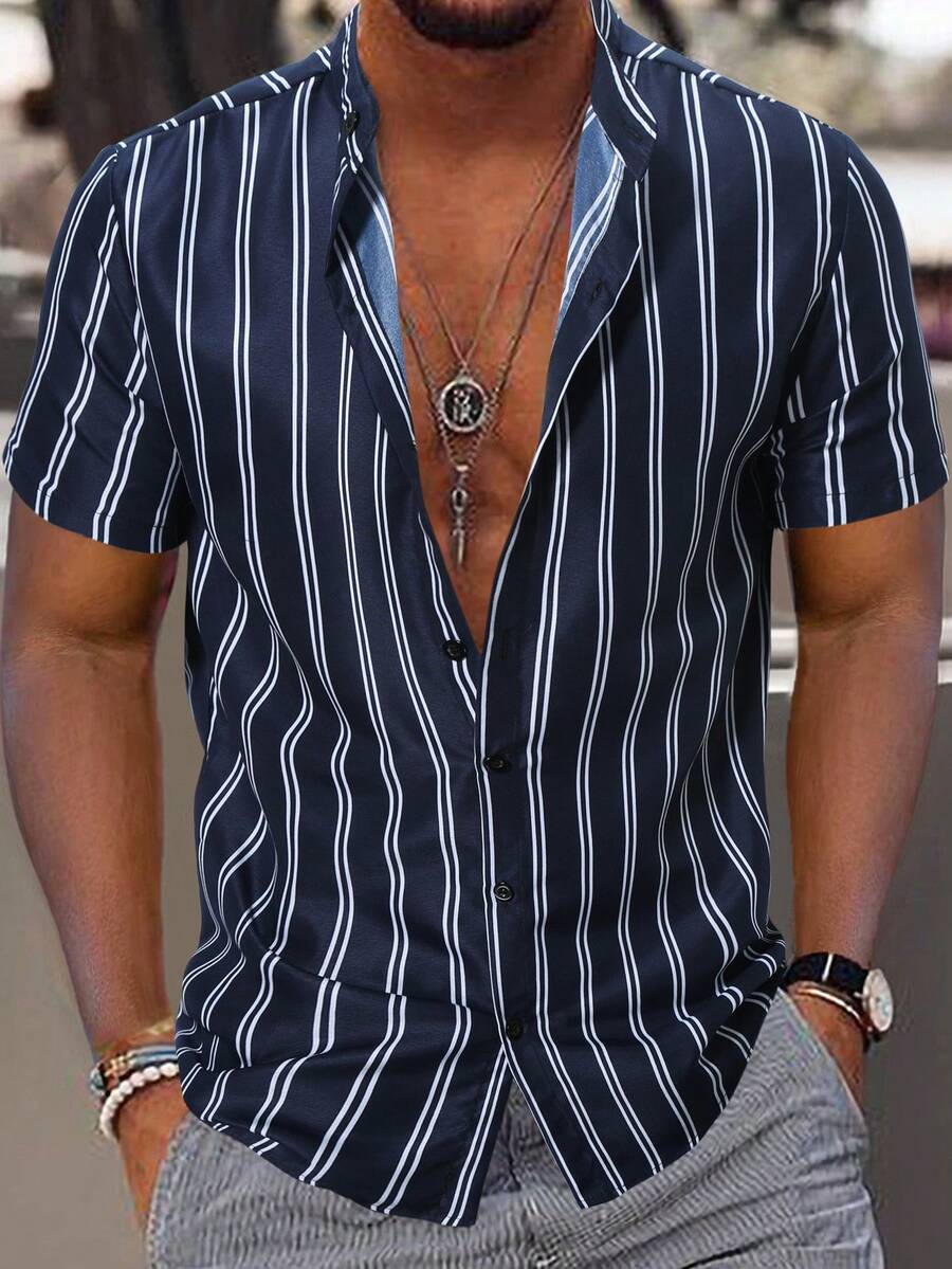 Manfinity Homme Men's Summer Striped Short Sleeve Casual Shirt, Button ...